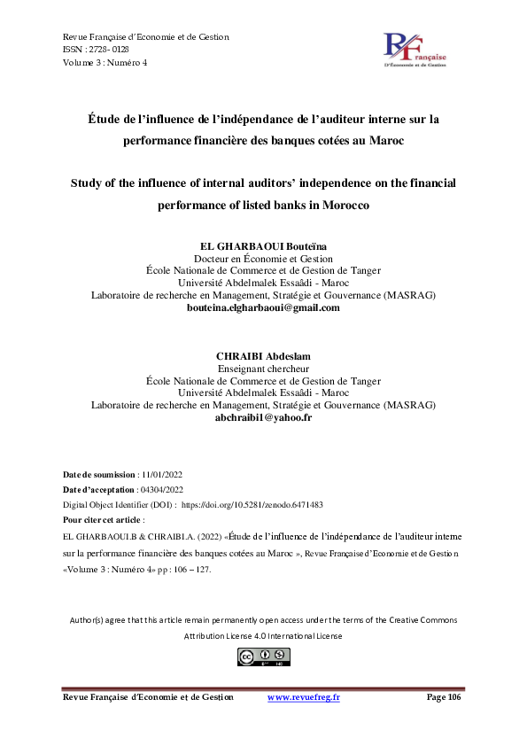 (PDF) Étude de l’influence de l’indépendance de l’auditeur interne sur la performance financière ...