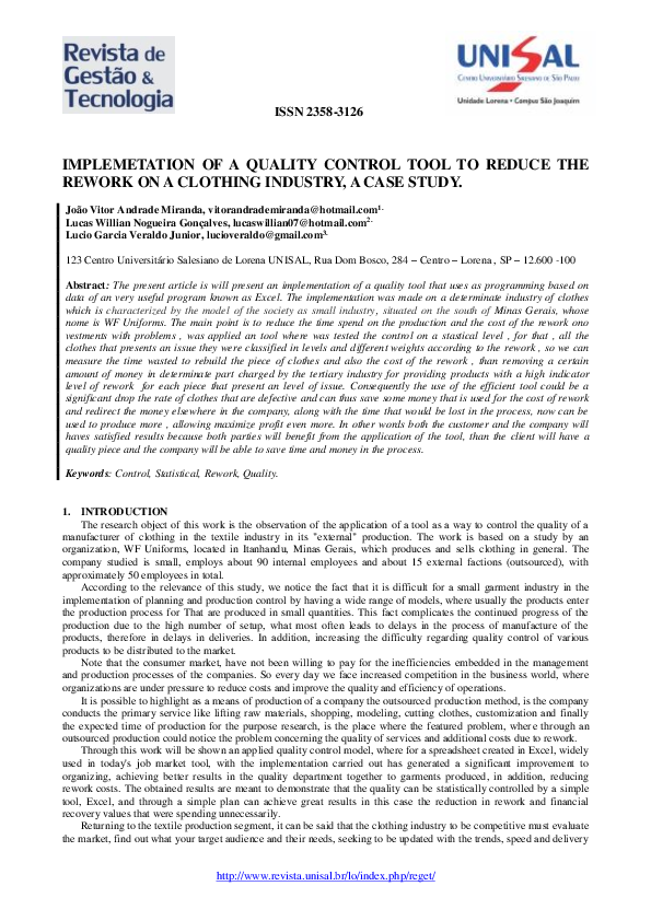 (PDF) Implemetation of a Quality Control Tool to Reduce the Rework on a ...