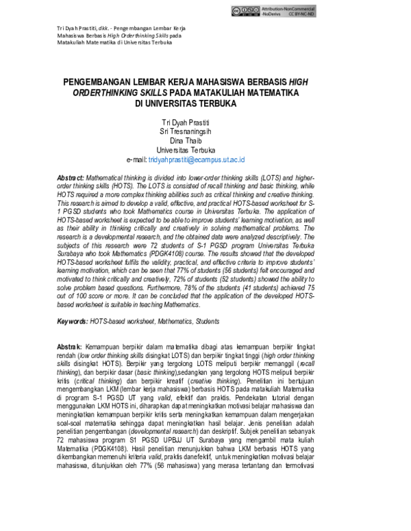 (PDF) Pengembangan Lembar Kerja Mahasiswa Berbasis High Orderthinking Skills Pada Matakuliah ...