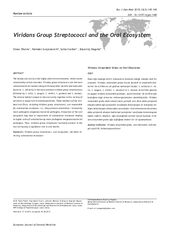 (PDF) Viridans Group Streptococci and the Oral Ecosystem