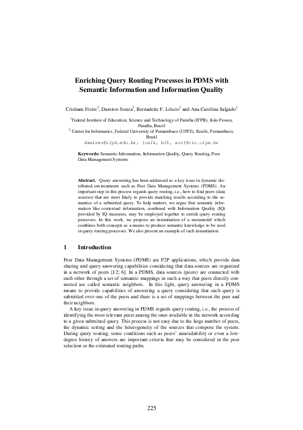 (PDF) Enriching Query Routing Processes in PDMS with Semantic Information and Information Quality