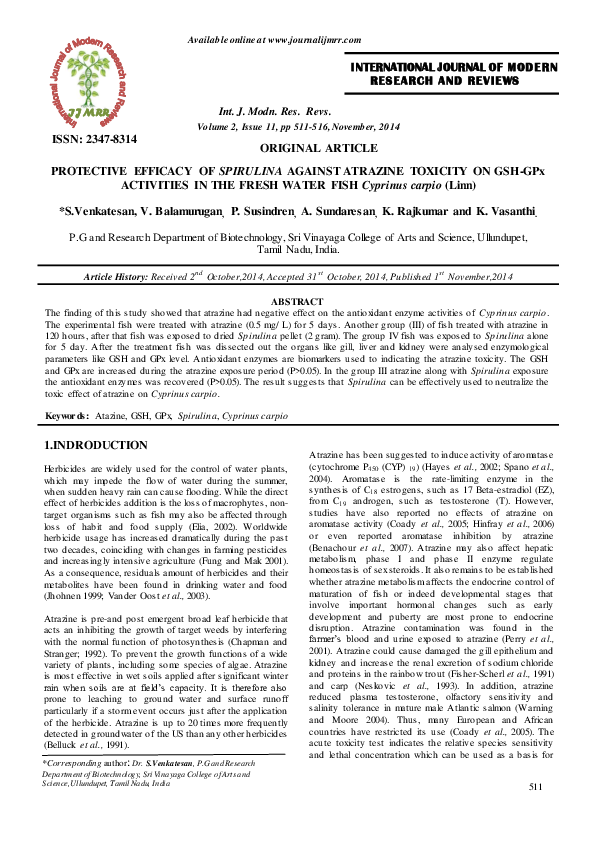 (PDF) PROTECTIVE EFFICACY OF SPIRULINA AGAINST ATRAZINE TOXICITY ON GSH ...