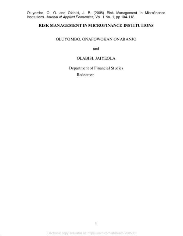 (PDF) Risk Management in Microfinance Institutions