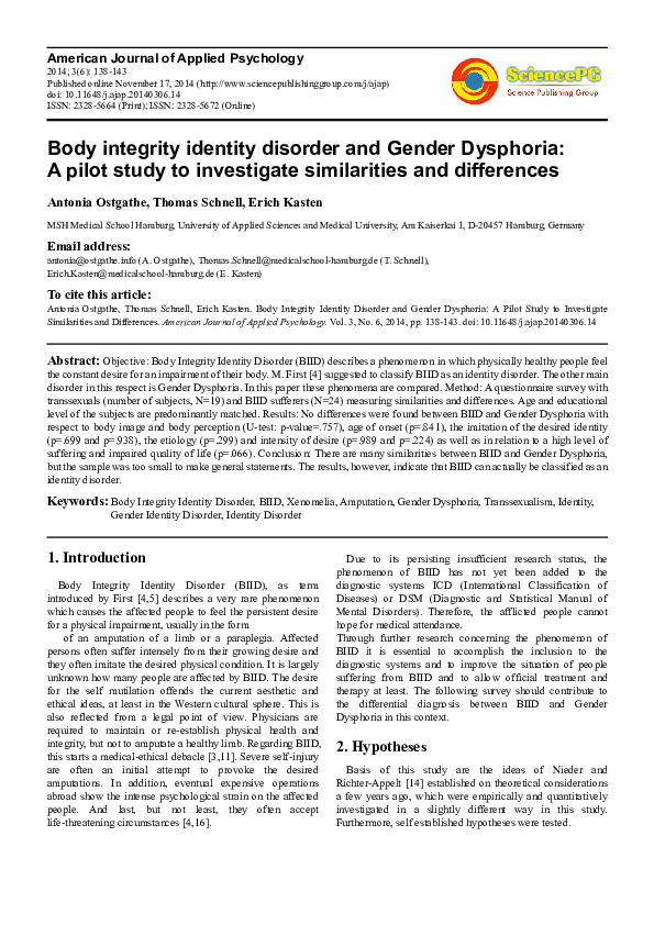 (PDF) Body Integrity Identity Disorder and Gender Dysphoria: A Pilot ...