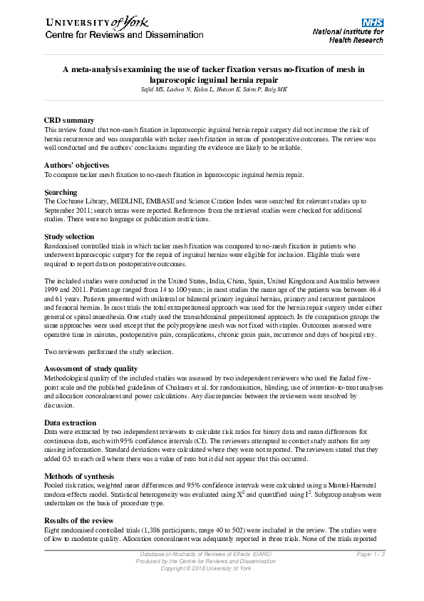 (PDF) A meta-analysis examining the use of tacker fixation versus no-fixation of mesh in ...