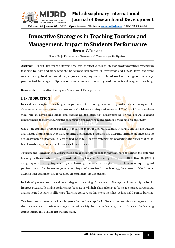 (PDF) Innovative Strategies in Teaching Tourism and Management: Impact ...