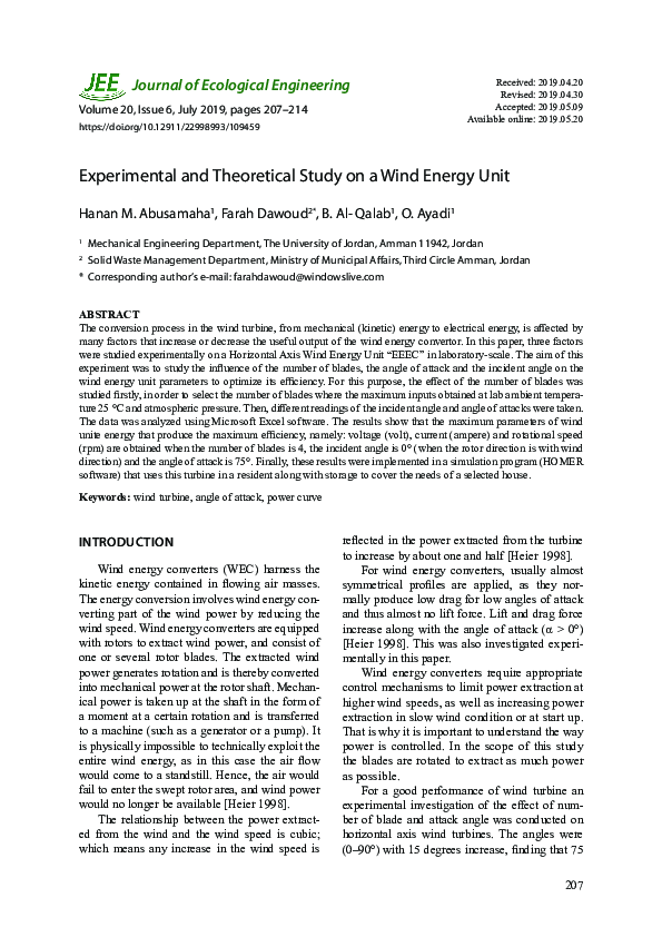 (PDF) Experimental and Theoretical Study for Wind Energy Unit