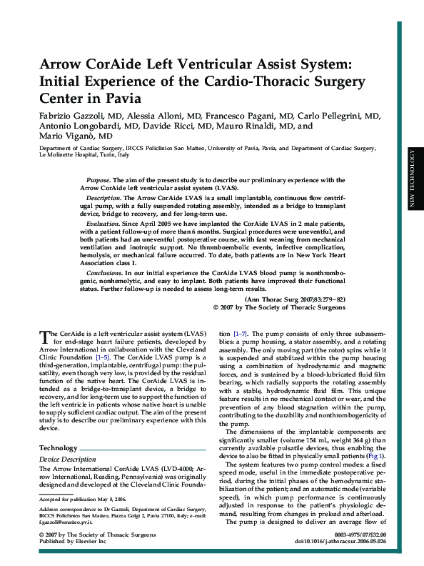 (PDF) Arrow CorAide Left Ventricular Assist System: Initial Experience ...