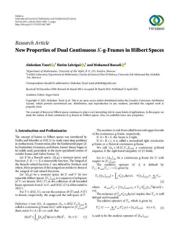 Pdf New Properties Of Dual Continuous K G Frames In Hilbert Spaces Hatim Labrigui