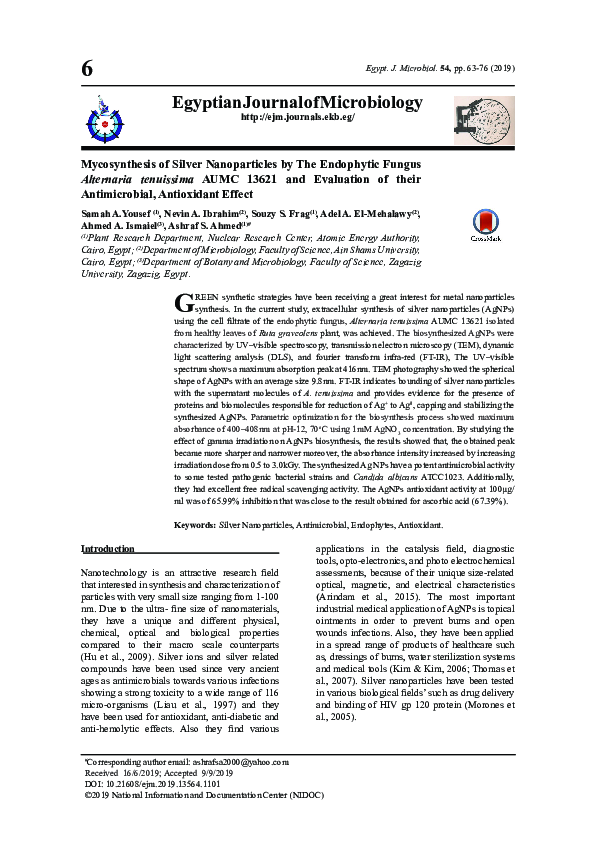 (PDF) Mycosynthesis of Silver Nanoparticles by an Endophytic Fungus Alternaria tenuissima and ...