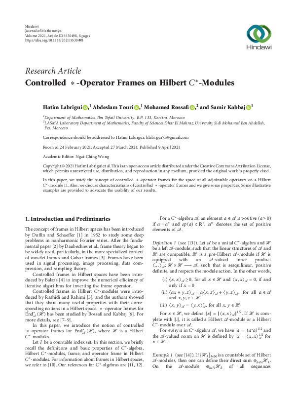 (PDF) Controlled ∗ -Operator Frames on Hilbert C ∗ -Modules