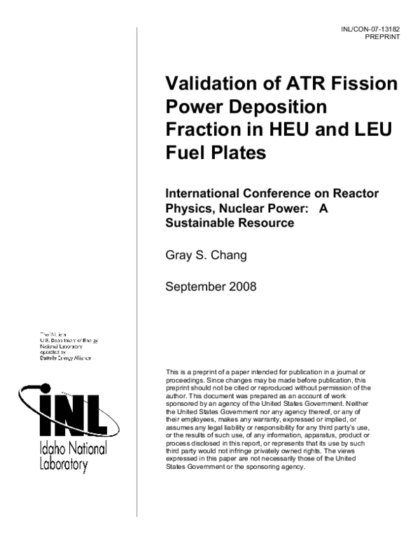 (PDF) Validation of ATR Fission Power Deposition Fraction in HEU and ...