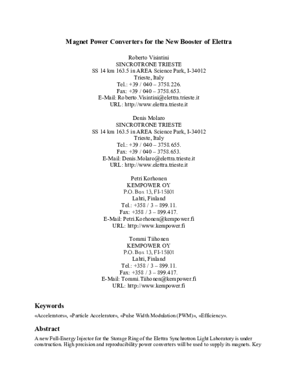 (PDF) Magnet power converters for the new booster of elettra