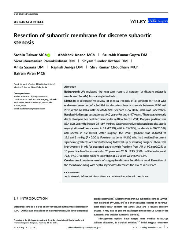 (PDF) Resection of subaortic membrane for discrete subaortic stenosis