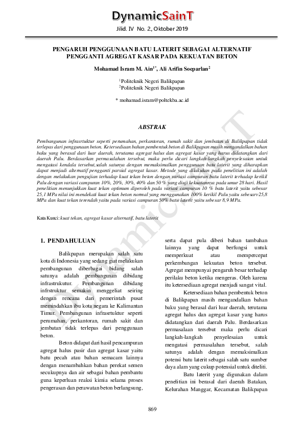 (PDF) Pengaruh Penggunaan Batu Laterit Sebagai Alternatif Pengganti ...