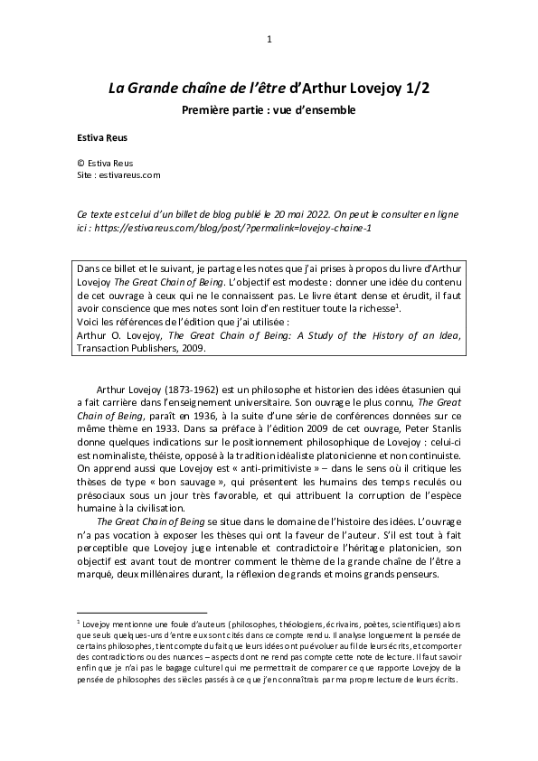 (PDF) "La Grande chaîne de l'être" d'Arthur Lovejoy 1/2 : vue d'ensemble