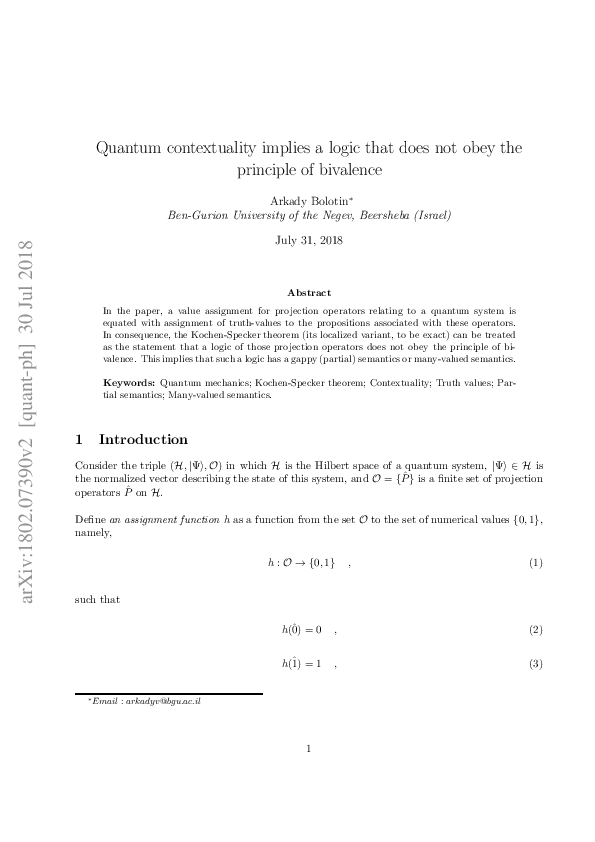 (PDF) Quantum contextuality implies a logic that does not obey the principle of bivalence