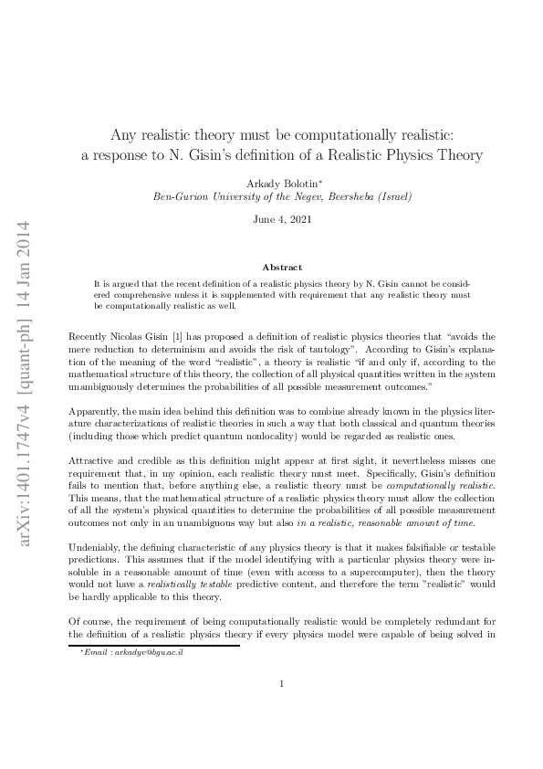 (PDF) Any realistic theory must be computationally realistic: a ...