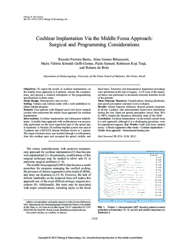 (PDF) Cochlear Implantation Via the Middle Fossa Approach