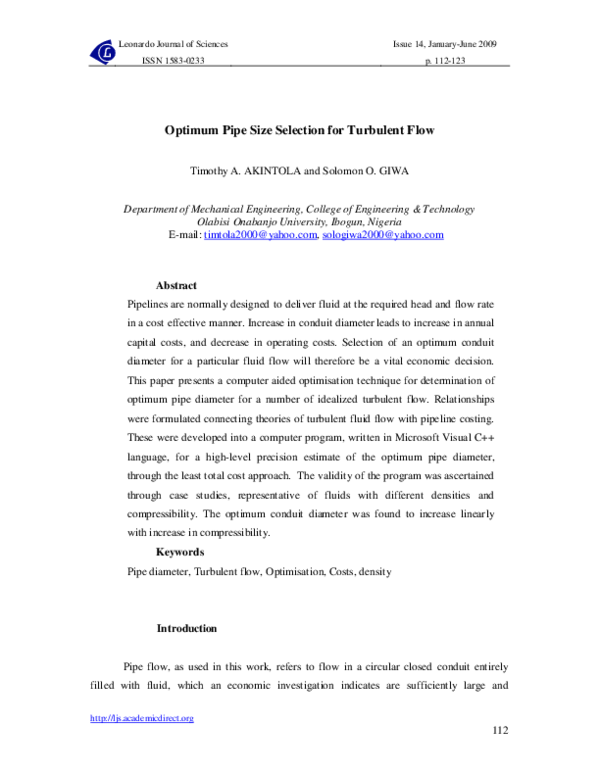 (PDF) Optimum Pipe Size Selection for Turbulent Flow