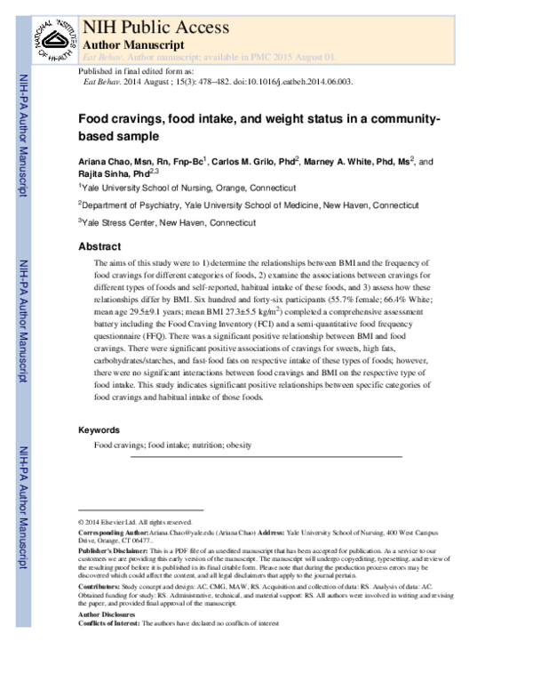 (PDF) Food cravings, food intake, and weight status in a community ...
