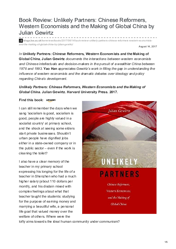 (PDF) Unlikely partners: Chinese reformers, Western economists, and the ...