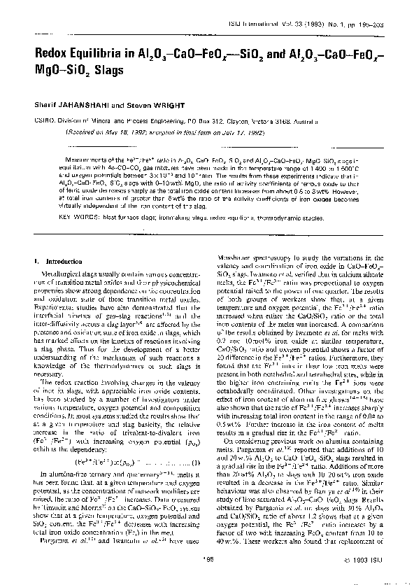 (PDF) Redox Equilibria in Al2O3-CaO-FeOx-SiO2 and Al2O3-CaO-FeOx-MgO-SiO2 Slags