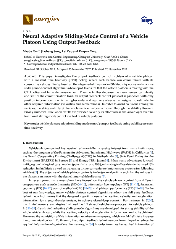 (PDF) Neural Adaptive Sliding-Mode Control of a Vehicle Platoon Using Output Feedback