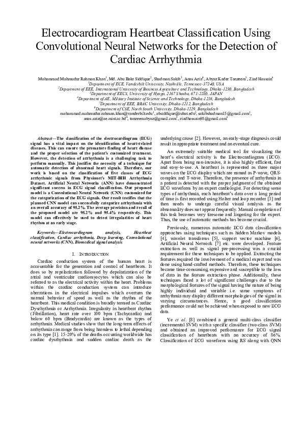 Pdf Cnn Based Ecg Classification For Arrhythmia