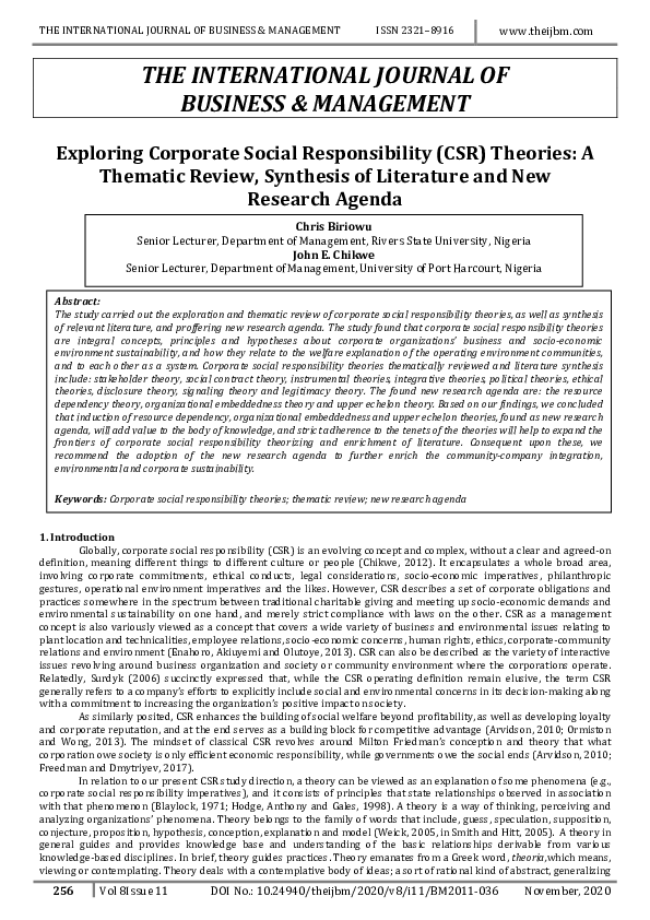 (PDF) Exploring Corporate Social Responsibility (CSR) Theories: A Thematic Review, Synthesis of ...