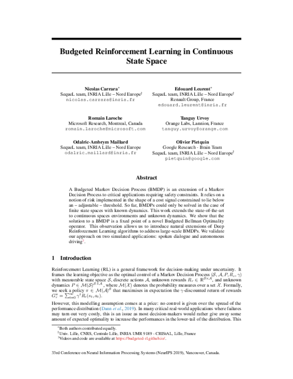 (PDF) Budgeted Reinforcement Learning in Continuous State Space