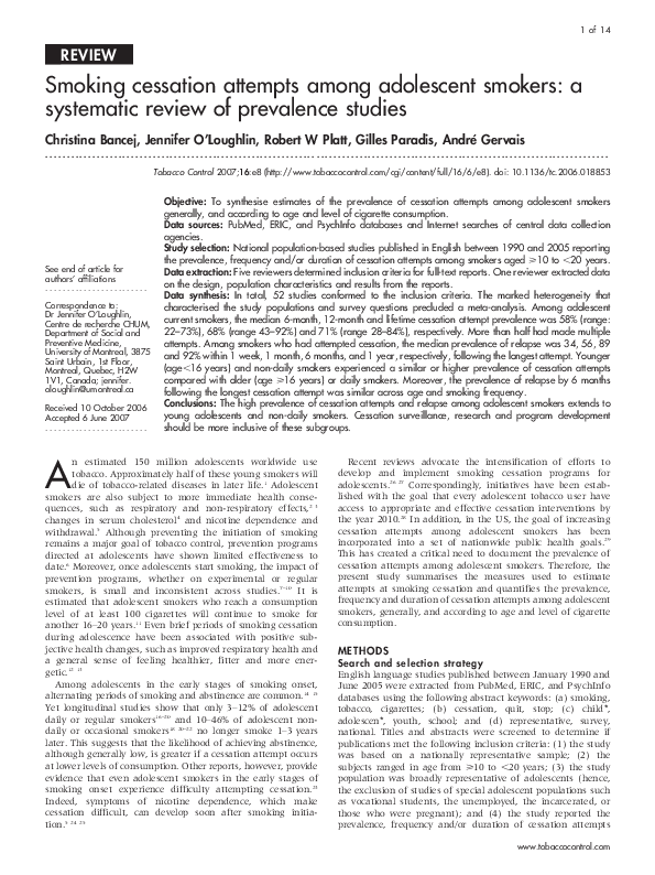 (PDF) Smoking cessation attempts among adolescent smokers: a systematic ...