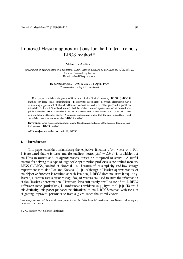 Pdf Improved Hessian Approximations For The Limited Memory Bfgs Method