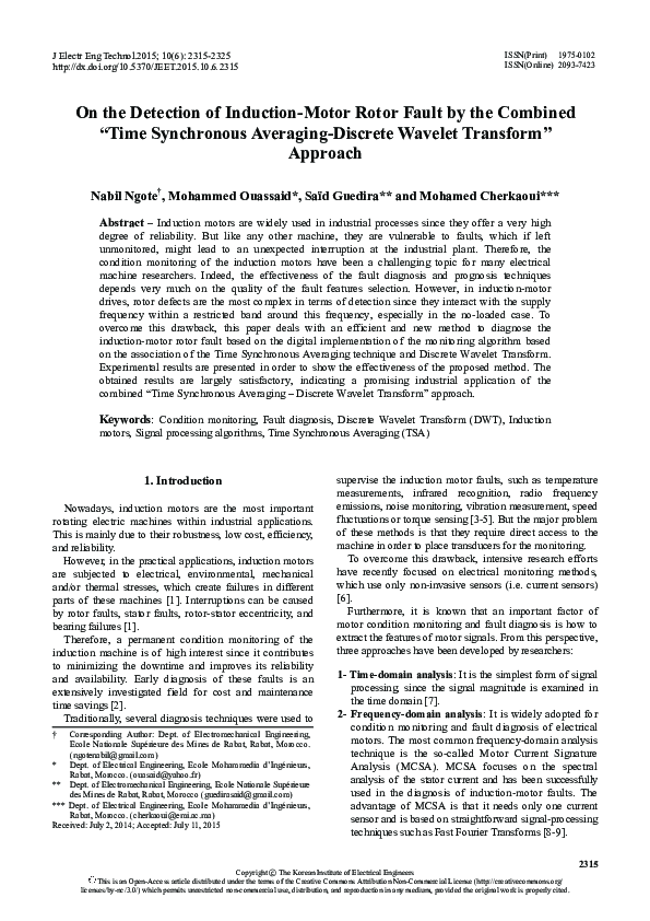 Pdf On The Detection Of Induction Motor Rotor Fault By The Combined Time Synchronous