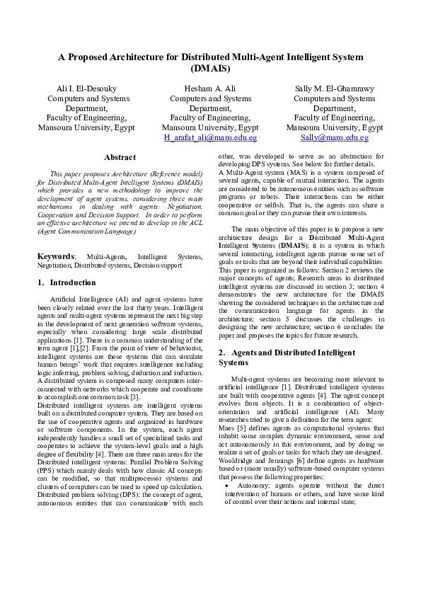 (PDF) A Proposed Architecture for Distributed Multi-Agent Intelligent System (DMAIS)