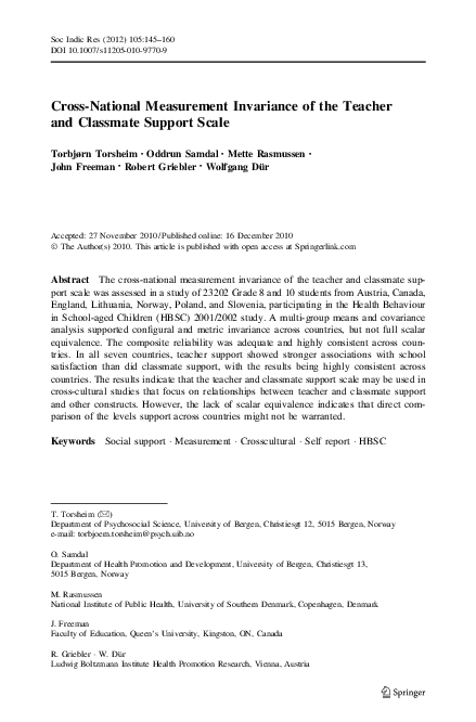 (PDF) Cross-National Measurement Invariance of the Teacher and ...