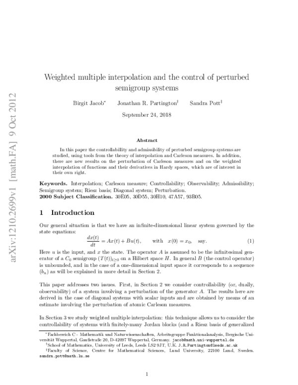 (PDF) Weighted multiple interpolation and the control of perturbed semigroup systems