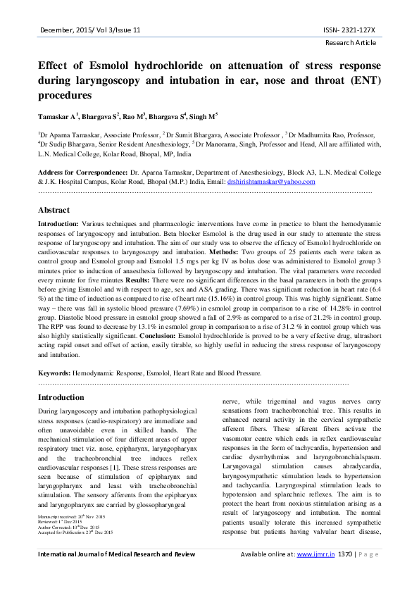 (PDF) Effect of Esmolol hydrochloride on attenuation of stress response ...