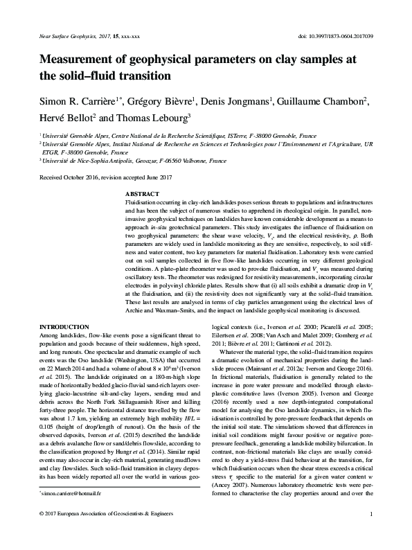Pdf Measurement Of Geophysical Parameters On Clay Samples At The Solidfluid Transition