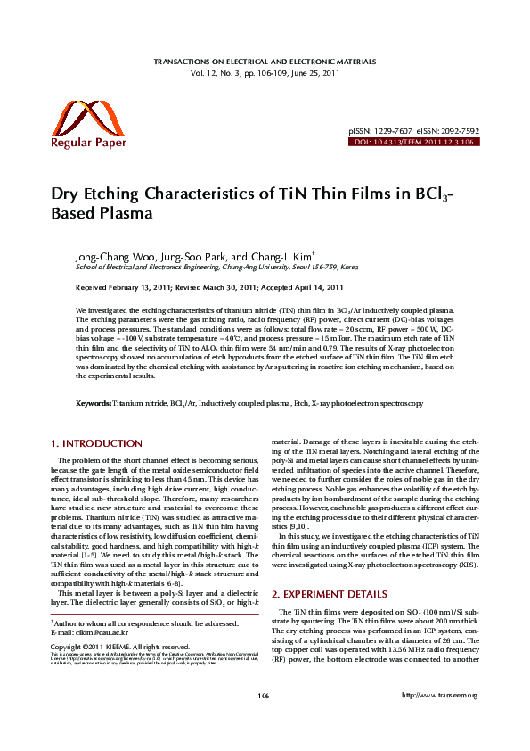 (PDF) Dry Etching Characteristics of TiN Thin Films in BCl3-Based Plasma