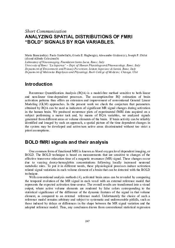 (PDF) Analyzing spatial distributions of FMRI" bold" signals by RQA variables