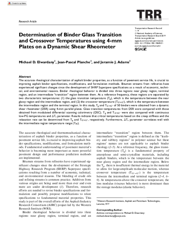 (PDF) Determination of Binder Glass Transition and Crossover ...