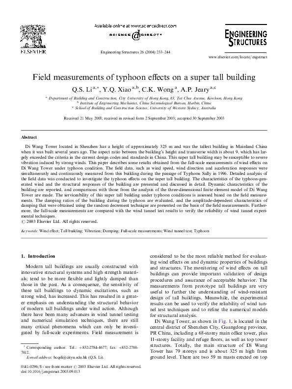 (PDF) Field measurements of typhoon effects on a super tall building