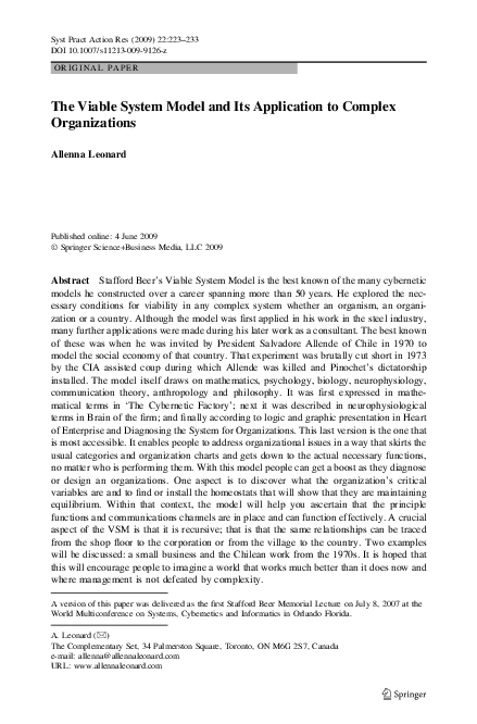 (PDF) The Viable System Model and Its Application to Complex Organizations