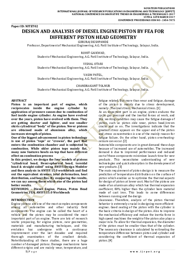 (PDF) Design And Analysis Of Diesel Engine Piston By Fea For Different ...