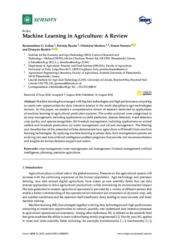 (PDF) Machine Learning in Agriculture: A Review