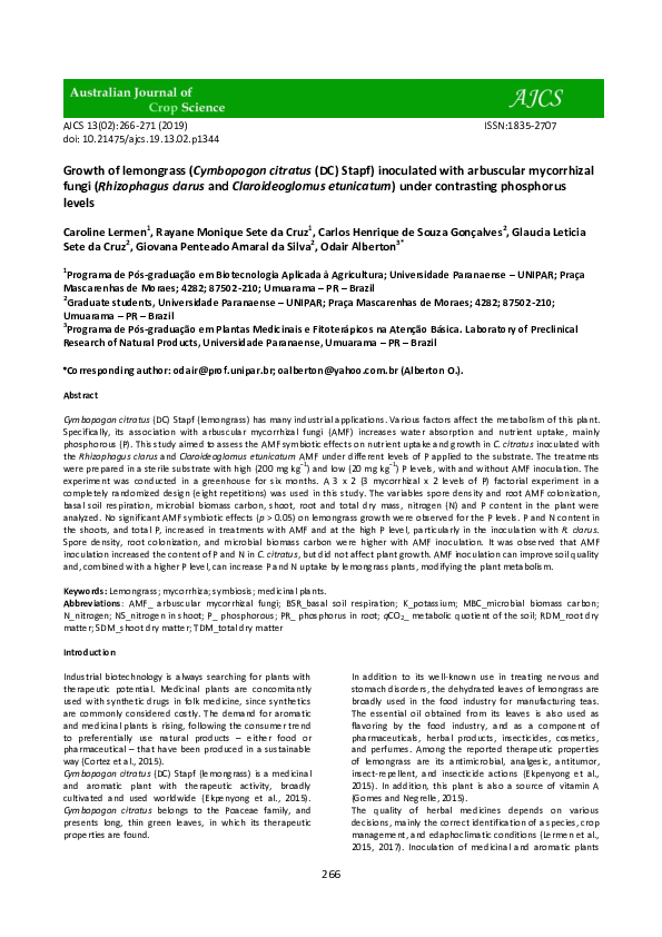 (PDF) Growth of lemongrass (Cymbopogon citratus (DC) Stapf) inoculated ...
