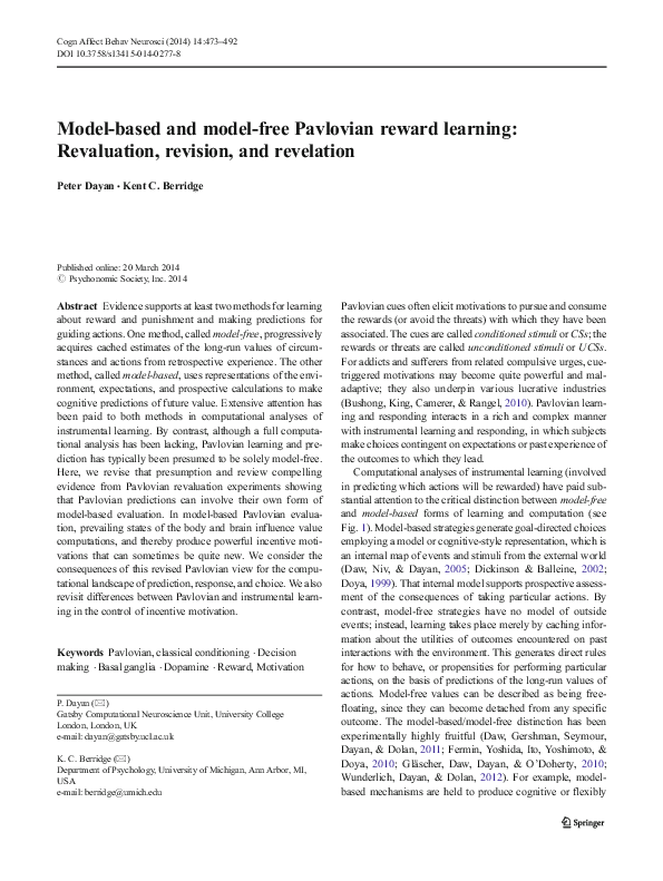 (PDF) Model-based and model-free Pavlovian reward learning: Revaluation ...