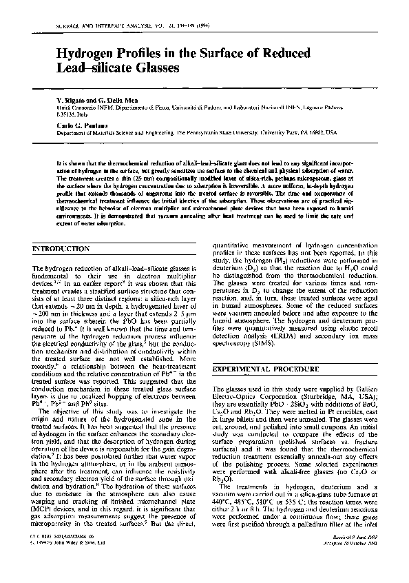 (PDF) Hydrogen profiles in the surface of reduced lead-silicate glasses