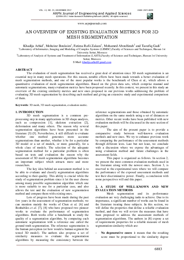 Pdf An Overview Of Existing Evaluation Metrics For 3d Mesh Segmentation